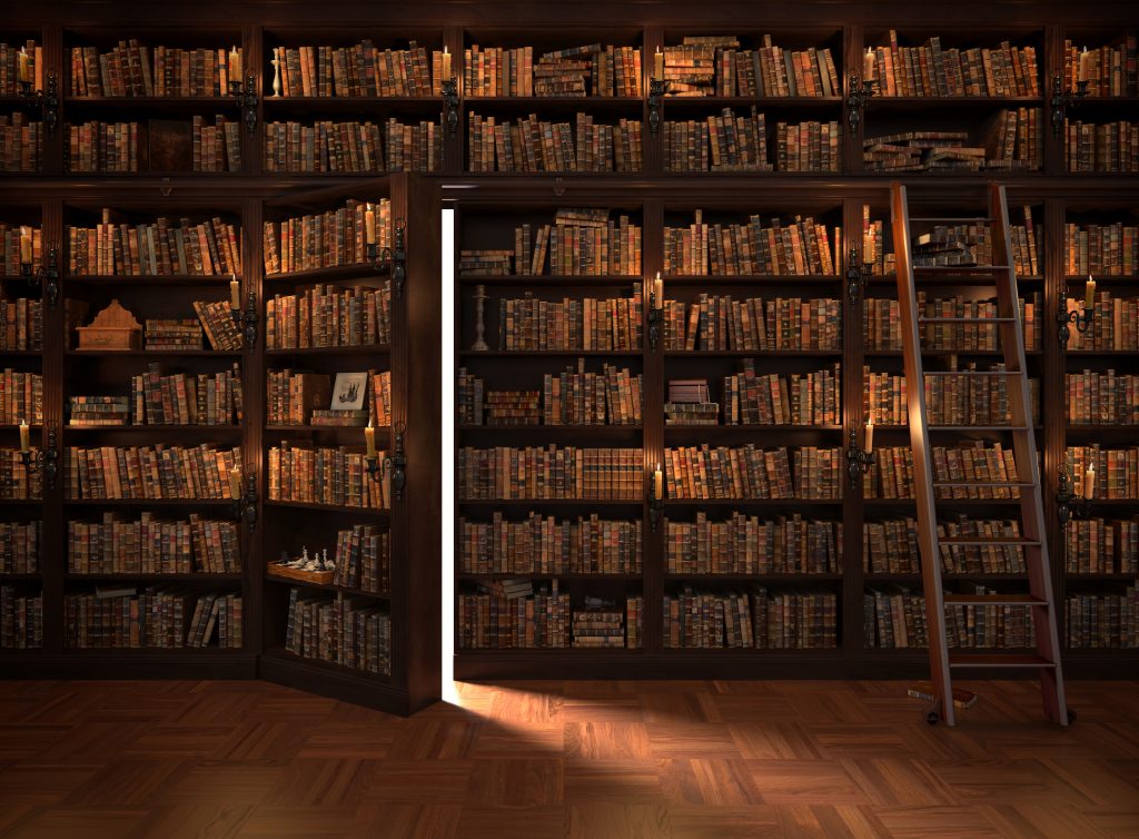 secret-door-in-the-bookcase-mysterious-library-with-candle-lighting ...